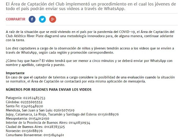 Se adapta a la cuarentena: River va a buscar jugadores a través de WhatsApp