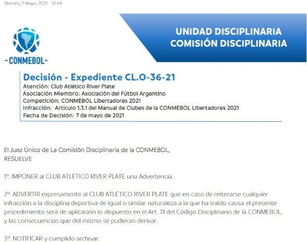 Conmebol advirtió a River